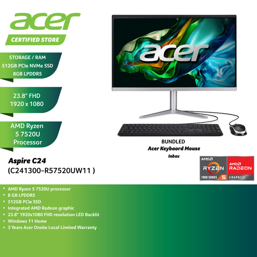 Acer Aspire C24-1300/ C241300 23.8" FHD All-In-One PC ( Ryzen 3 7320U ...