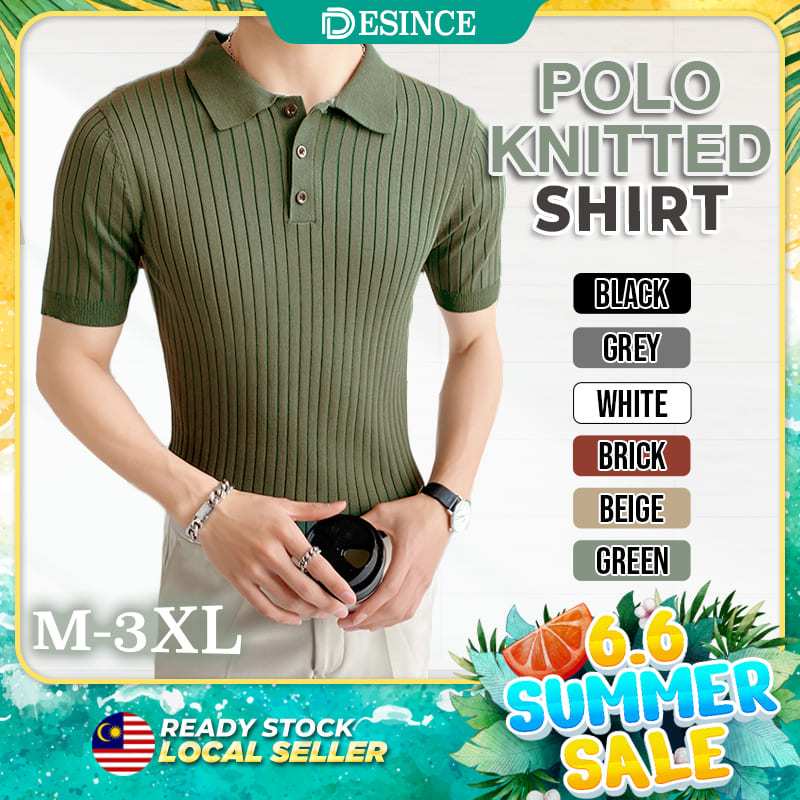 🇲🇾 DESINCE Men Polo Shirt Button Up Collar Knitted Shirt Solid Color Top Knit Wear Baju Polo ...