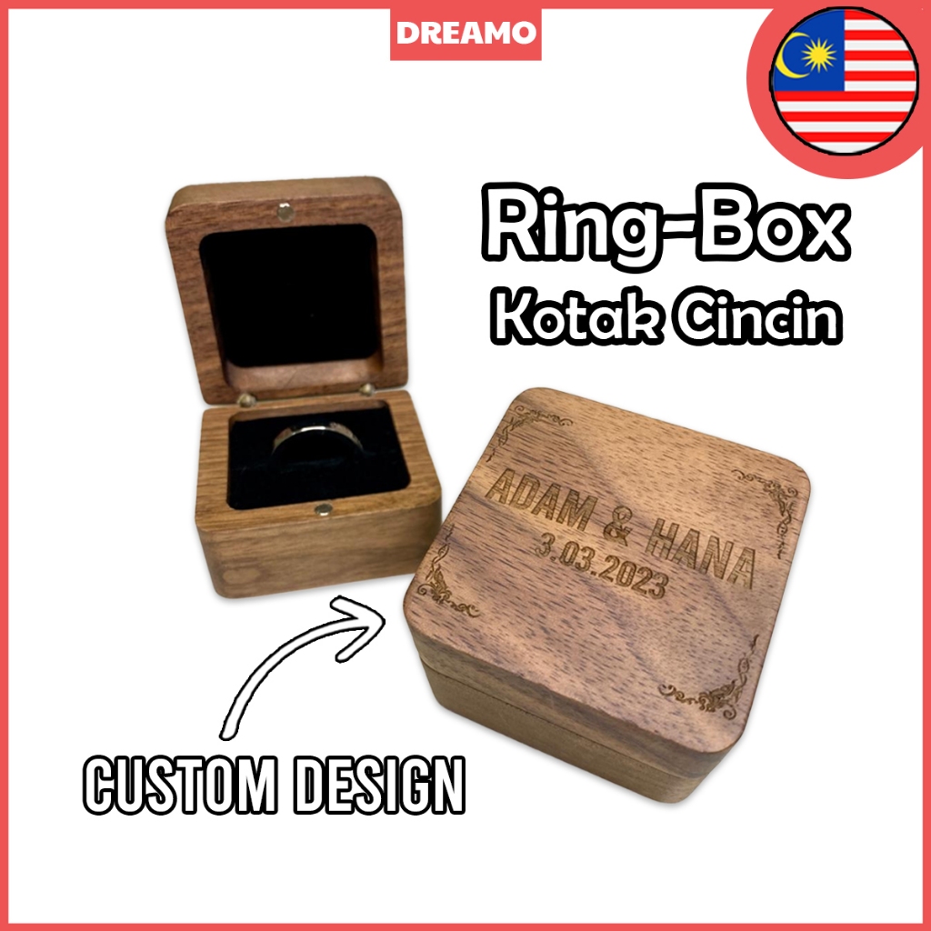 Ring Box Wooden Custom Design Engrave Print Kotak Cincin Kayu | Shopee ...
