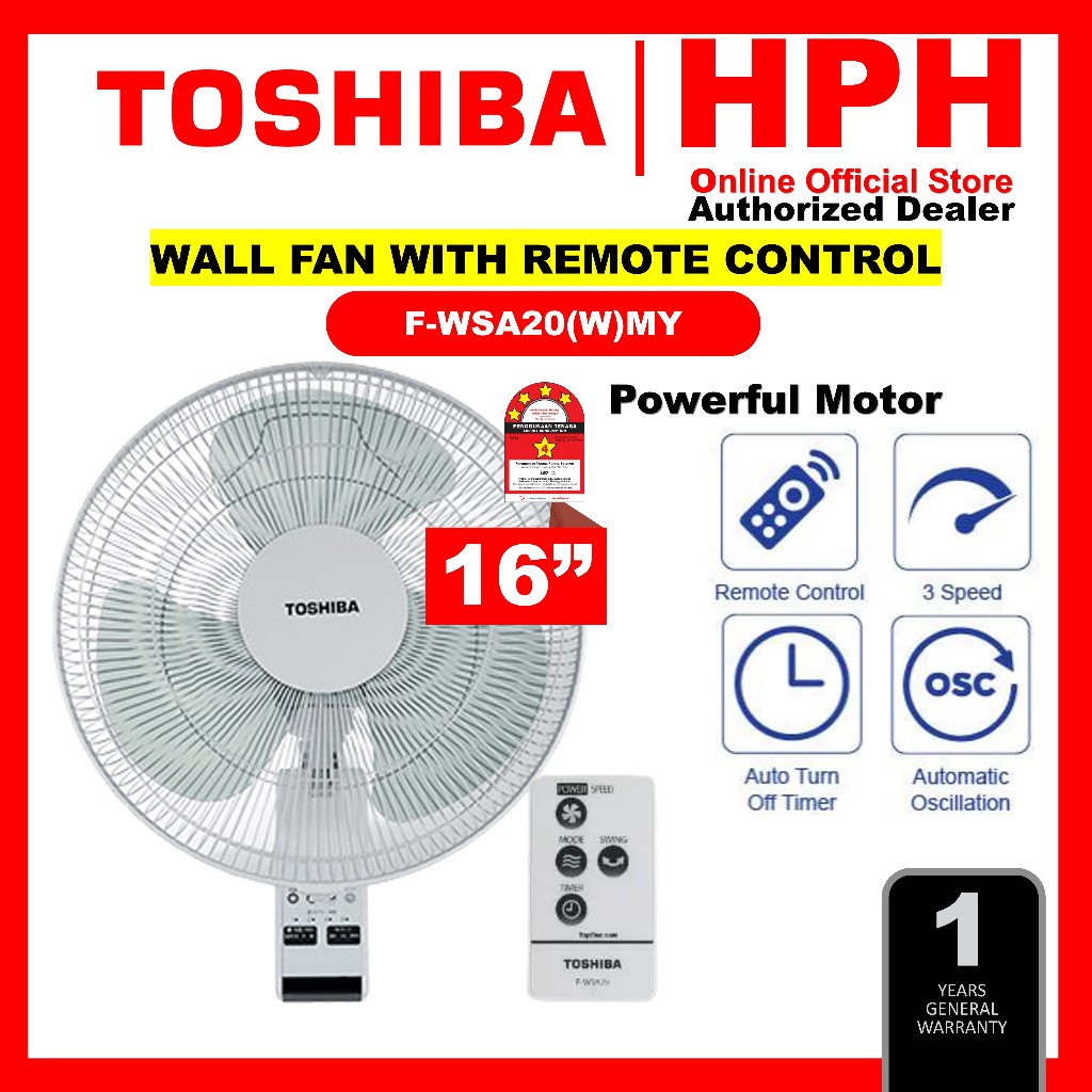 Toshiba 16" Inch Wall Fan (Spring / Remote) F-WSA10(W)MY F-WSA20(W)MY ...
