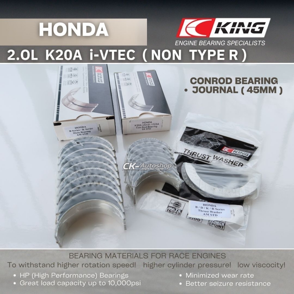 KING Bearing HONDA 2.0L K20A i-VTEC ( Non Type R ) Civic FD2 Stream RN3 RN4 CRV RD5 Accord CL7 ...