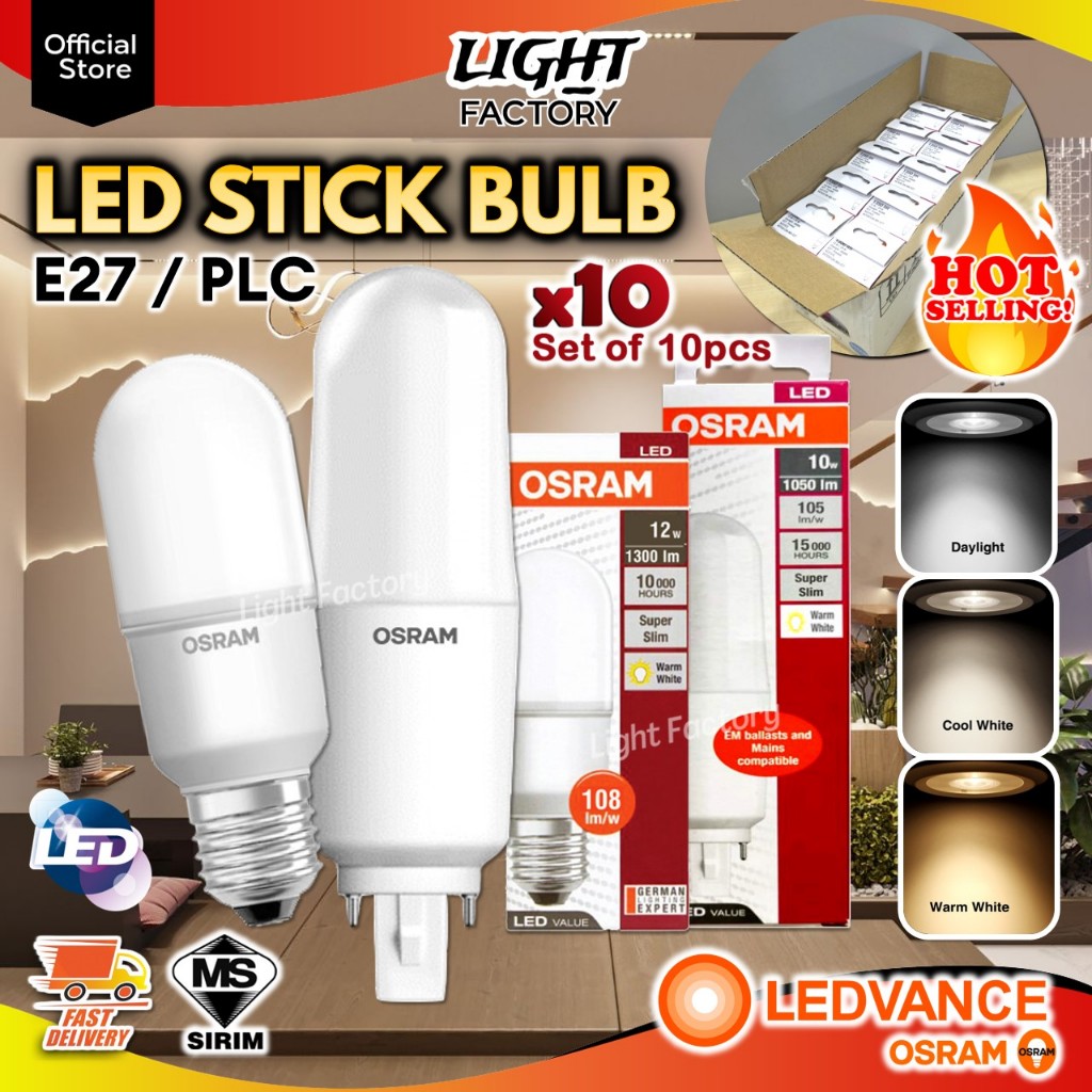 [SET 10pcs] OSRAM 10W 12W 15W LED STICK BULB E27 || PLC BULB G24 Light Bulb Daylight / Coolwhite ...