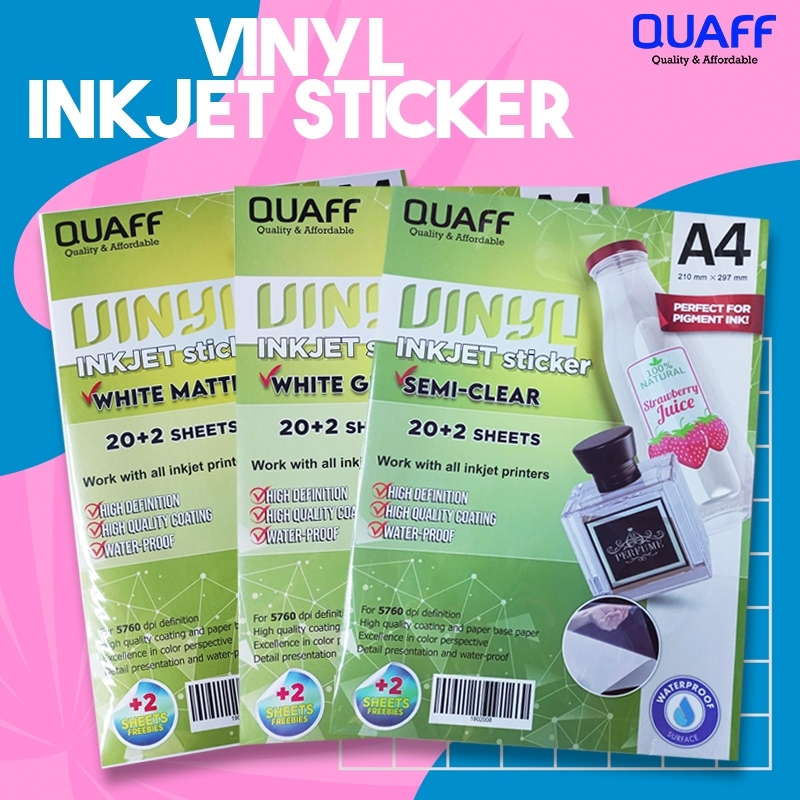 QUAFF Semi Clear Transparent & White Glossy Vinyl Inkjet Sticker Waterproof A4 Size - 20 sheets ...