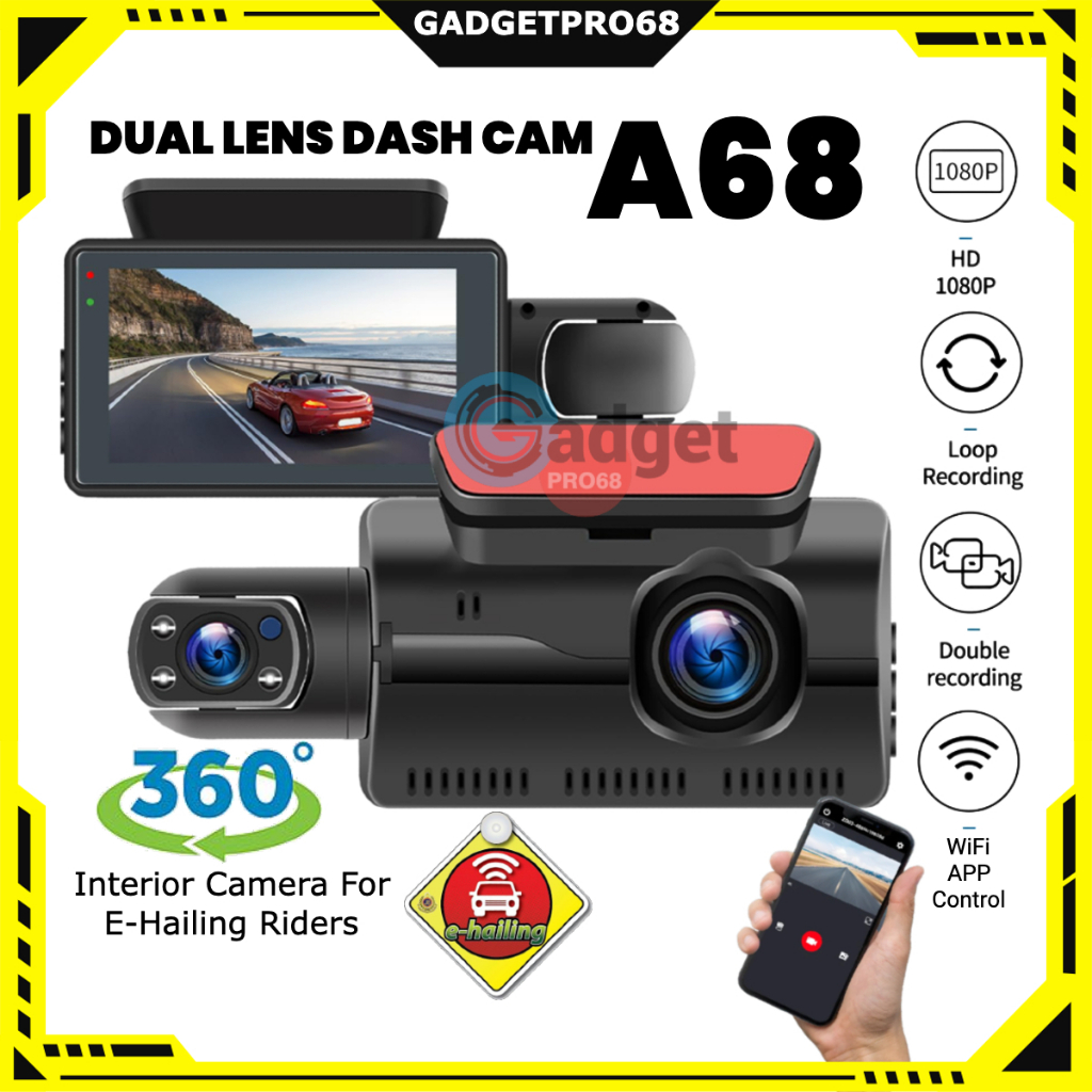 Front Inside Dashcam A68 WiFi 3 Inch Dual Lens Car Camera Recorder ...