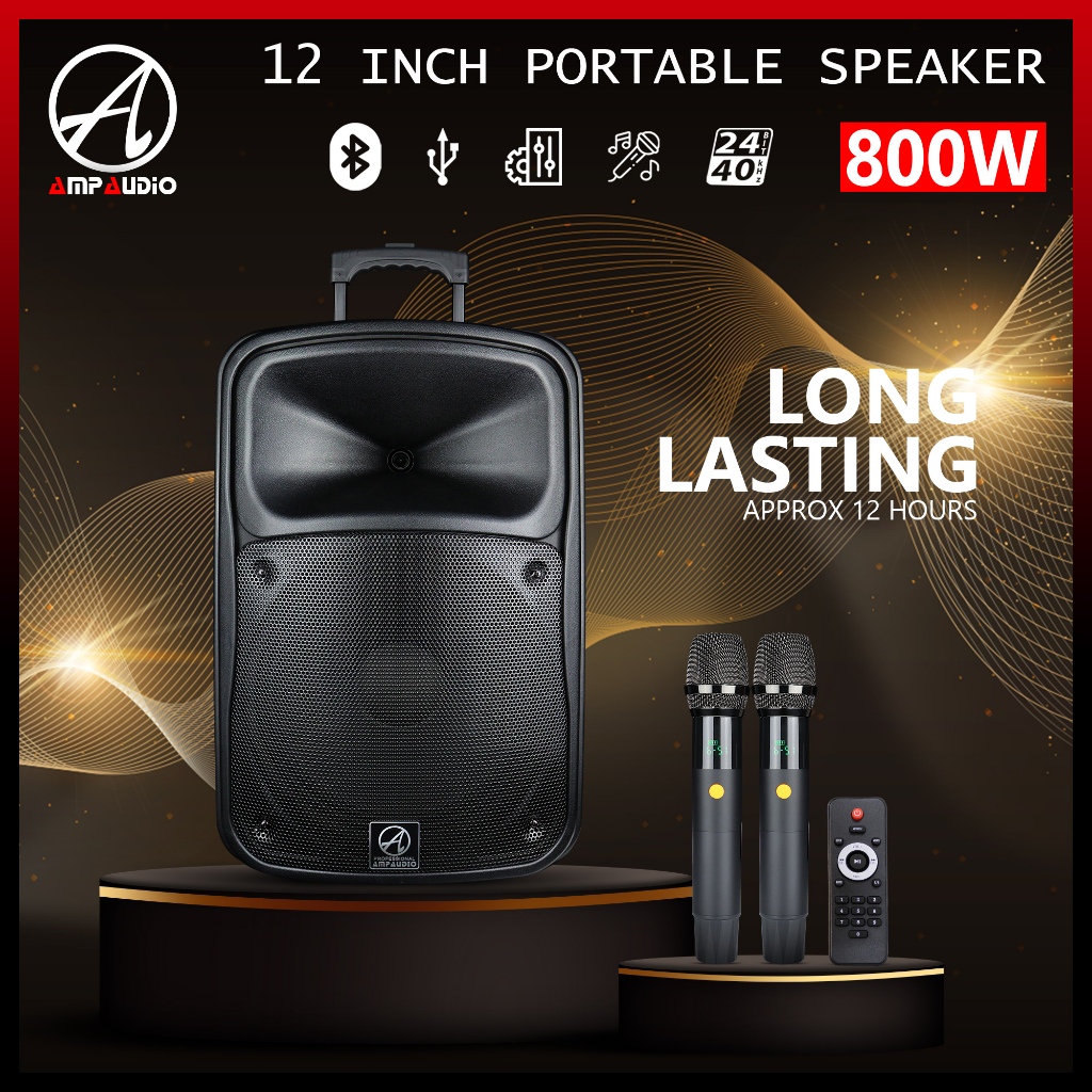 AmpAudio Portable Speaker 12 inch 800W Portable Speaker with 2 Handheld ...