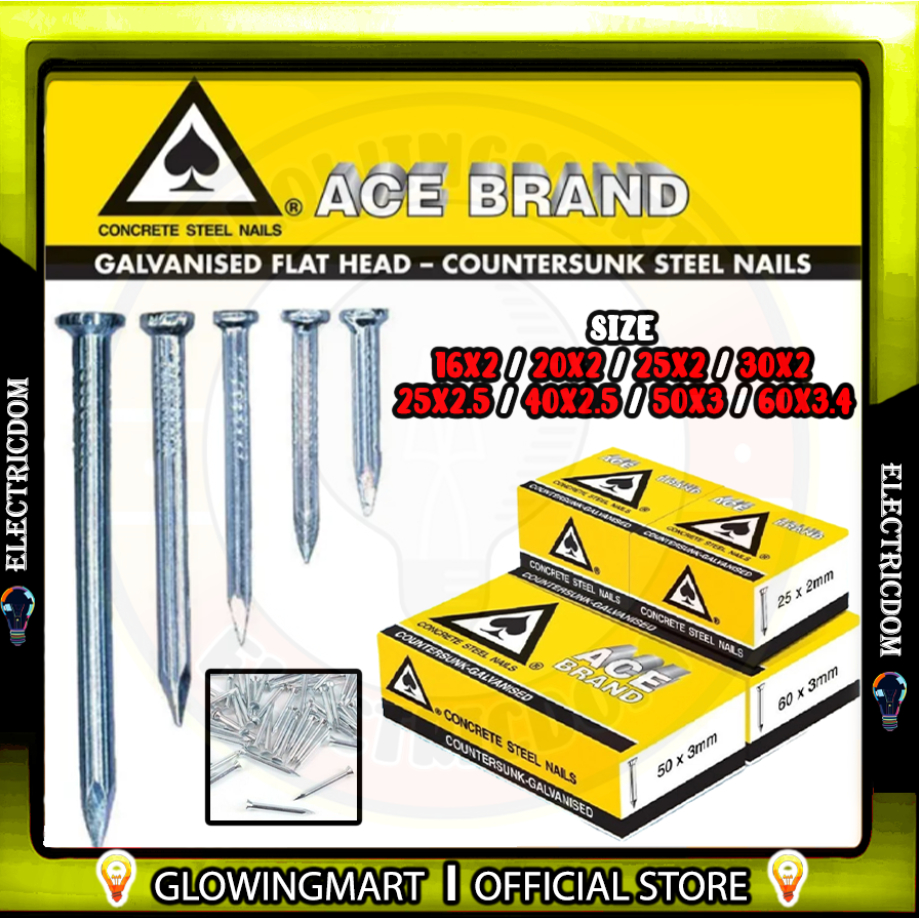 ACE BRAND GALVANISED FLAT HEAD -COUNTERSUNK STEEL CONCRETE NAIL PAKU ...