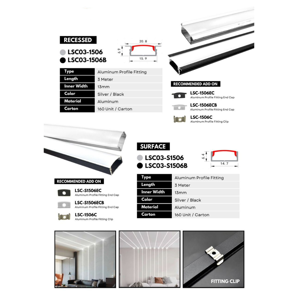 Aluminium Profile LED Strip Casing Diffuser Cover Housing 3Meter (Black ...