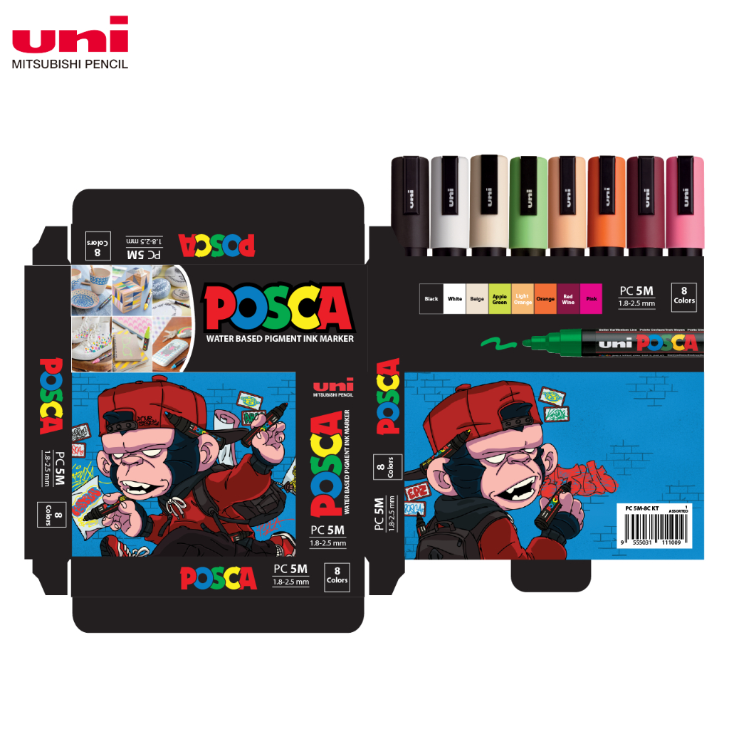 Uni POSCA Water Based Paint Marker Set PC-5M Medium Tip (1.8-2.5mm) 8 ...