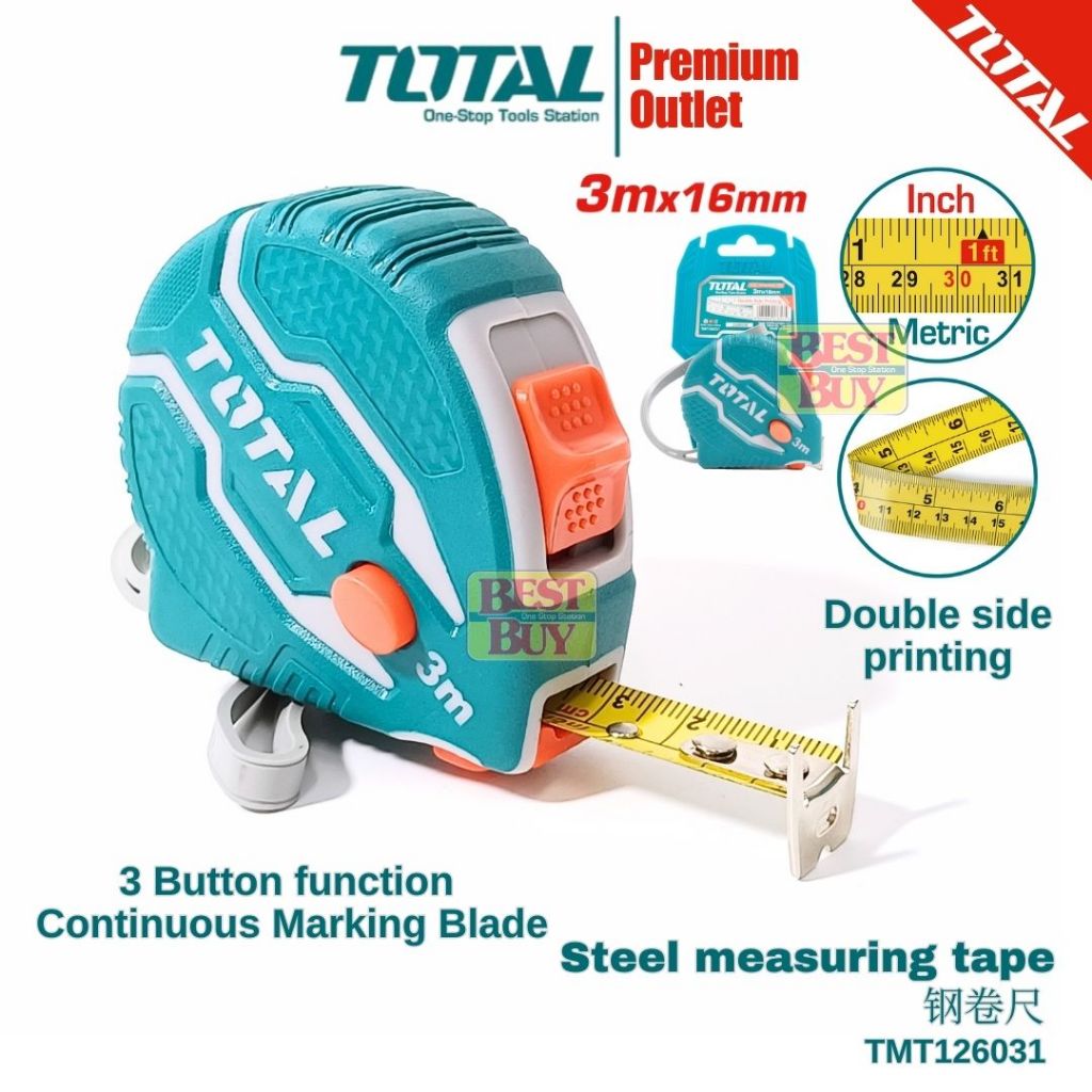 TOTAL Tools Steel measuring tape 3m*16mm 钢卷尺 - TMT126031 | Shopee Malaysia