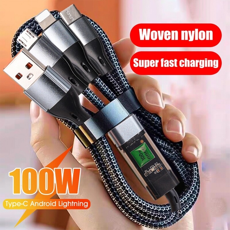 100W 3 in 1 Super Charging Cable 6A Micro USB Type C Fast Charger Cable ...