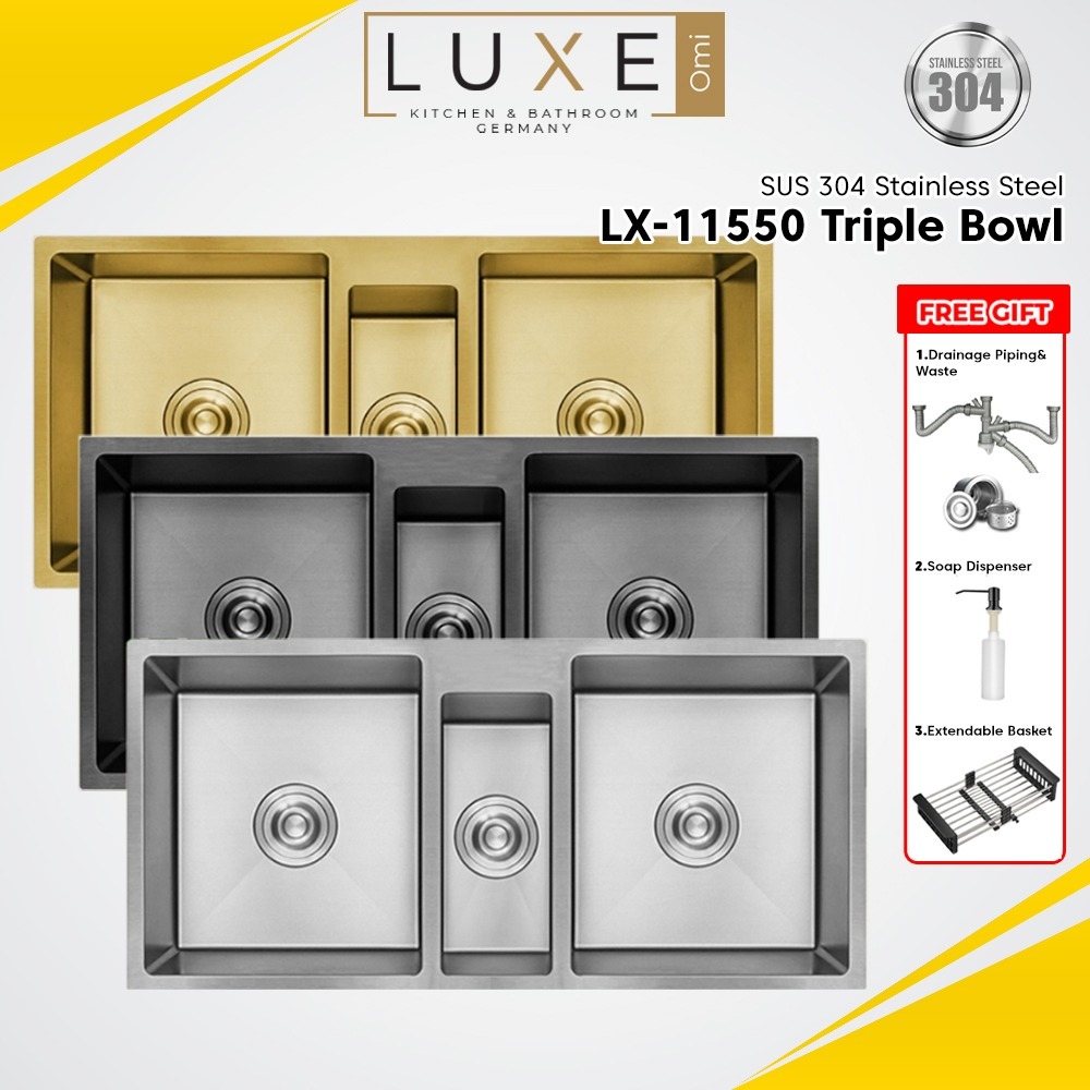 LUXE SUS 304 Stainless Steel Home Kitchen Sink Sinki Dapur Nano Triple ...