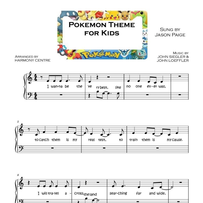Pokemon Theme for Kids Beginner to Grade 1 Level piano score music ...