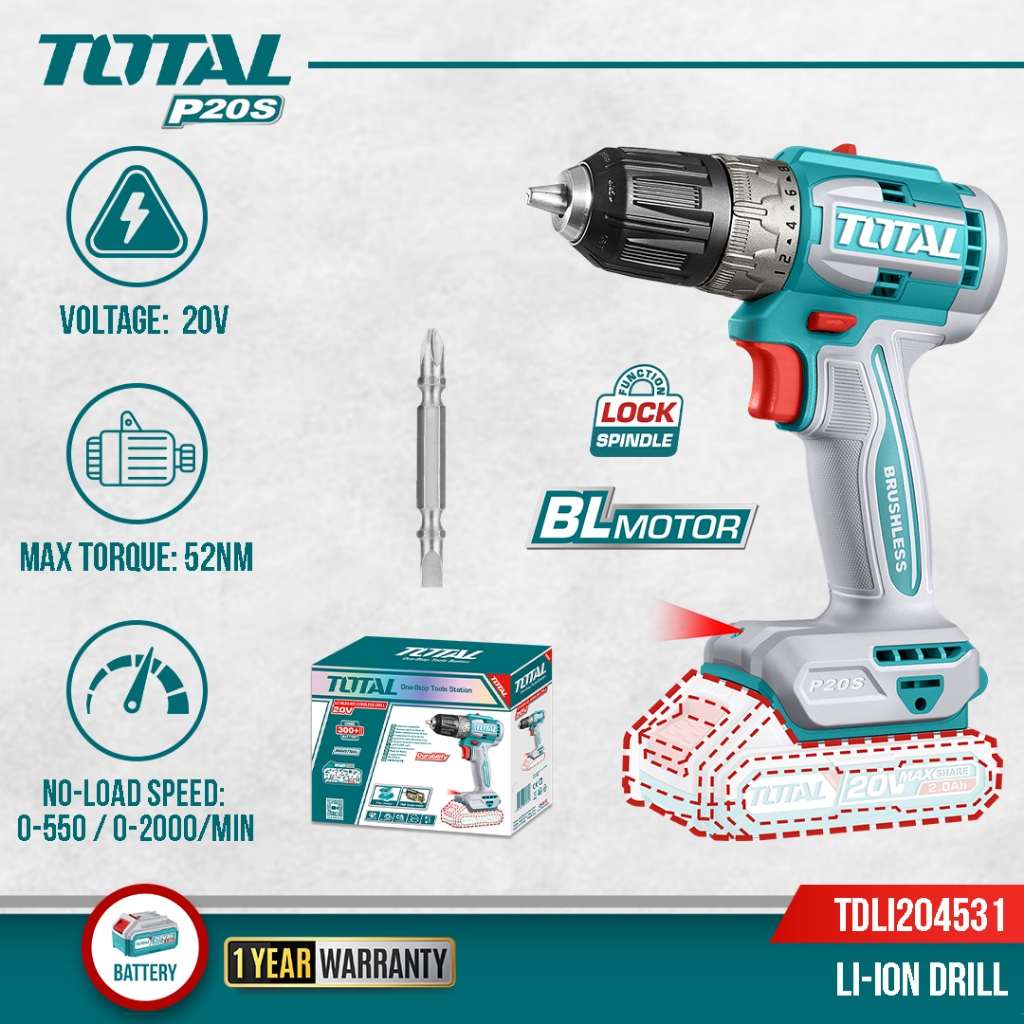 TOTAL Li-ion Brushless Cordless Drill (52Nm) Mechanical 2 Speed Gear w ...