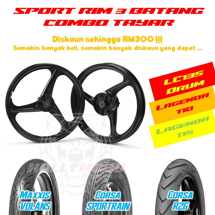 LAGENDA 115ZR LC135 SPORT RIM 3 BATANG ORIGINAL HITAM FULL CHOP TAYAR ...