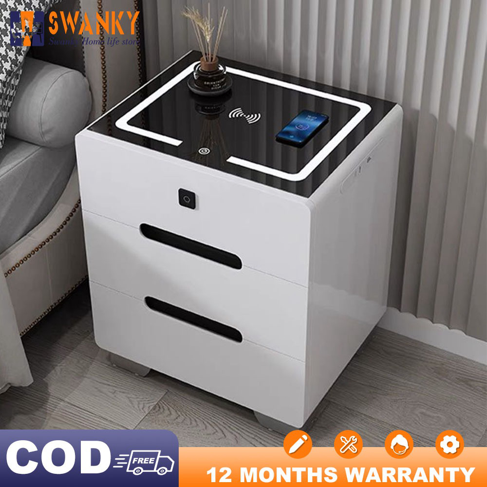 Smart side table drawer solid wood multifunction with 3-color lamp storage bedside table ...