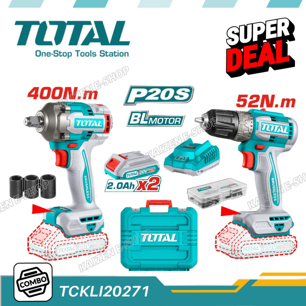 TOTAL TCKLI20271 / TOSLI230702 Li-ion Cordless 2 Pcs Combo Kit - Impact Wrench and Cordless ...