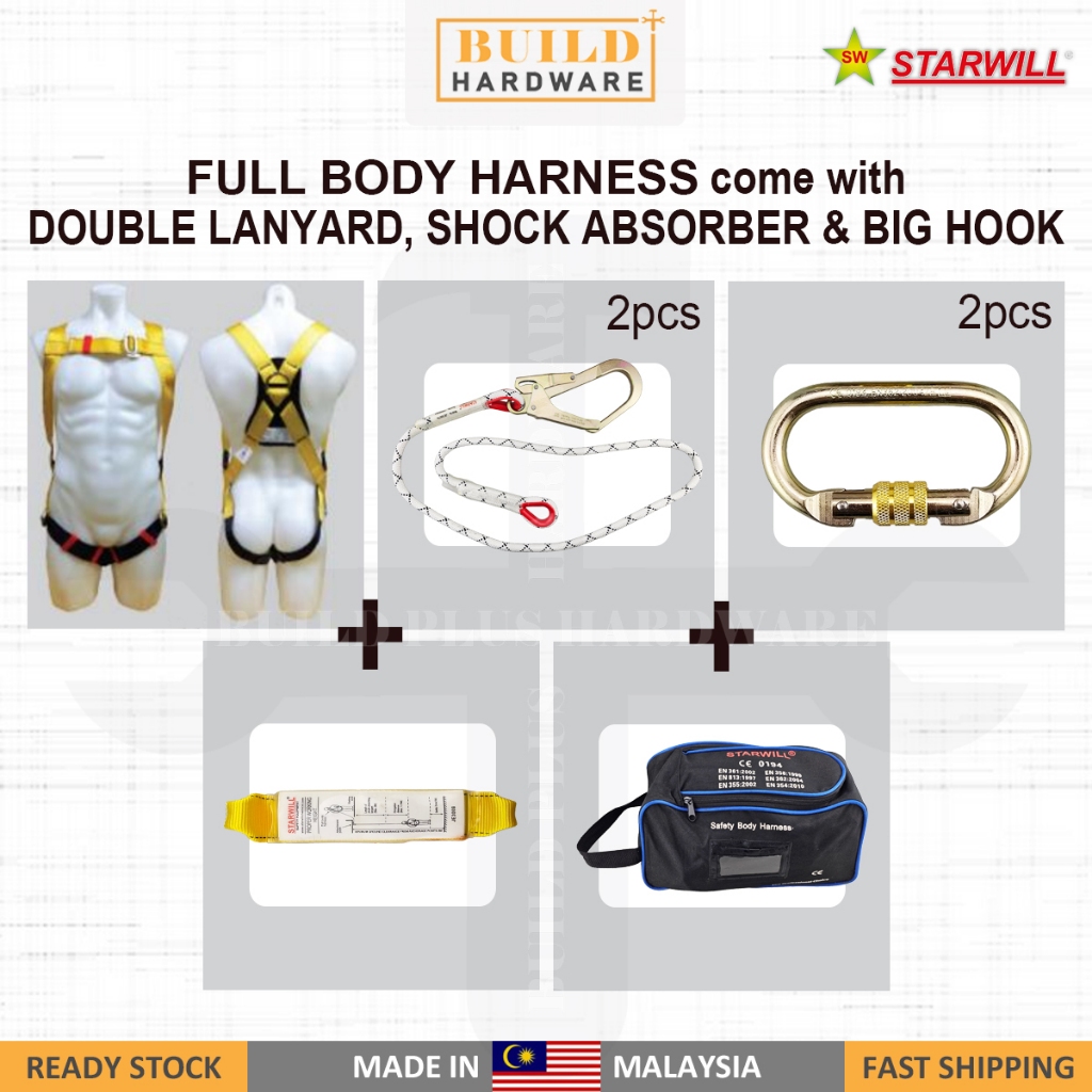 STARWILL Full Safety Body Harness Double Climbing Rope Lanyard Big Snap ...