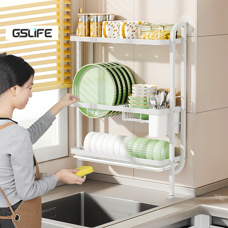 GSlife 3 Tier Against the Wall Mounted Rack Kitchen Dish Rack with Tray ...