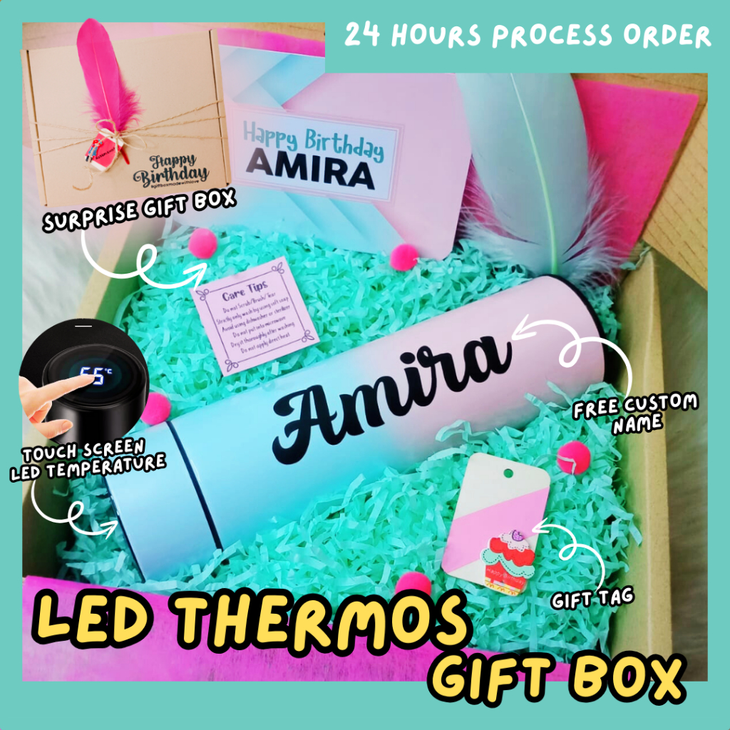 Custom Gift Tumbler Flask LED Custom Nama + Gift Box Birthday Gift for ...