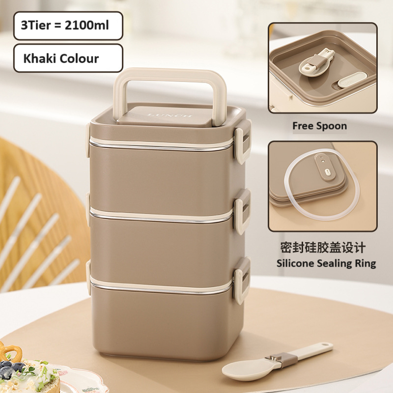 304 Stainless Steel 3 Tier Keep Warm Lunch Box Bento Box 2100ml Bekas ...