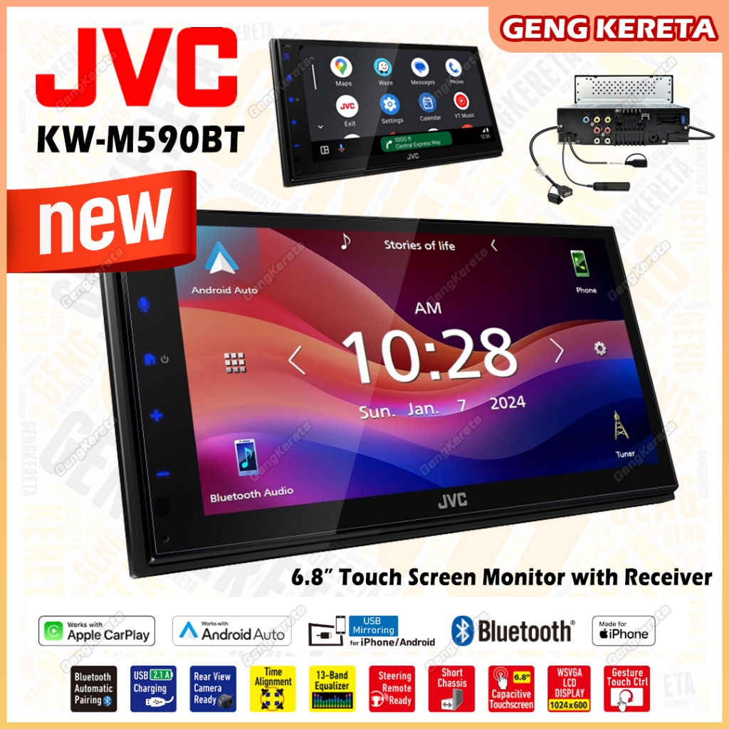 Original JVC KW-M590BT Digital Media Receiver 6.8" Capacitive Touch Monitor Double Din (Apple ...