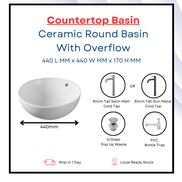440MM White Ceramic white Round Counter Top Basin Sink With Overflow ...