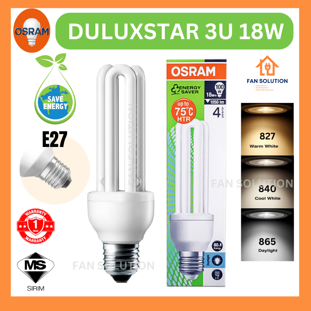 OSRAM DULUXSTAR 3U 18W E27 LIGHT BULB (WARM WHITE 827/COOL WHITE 840/DAYLIGHT 865) SIRIM LAMPU ...