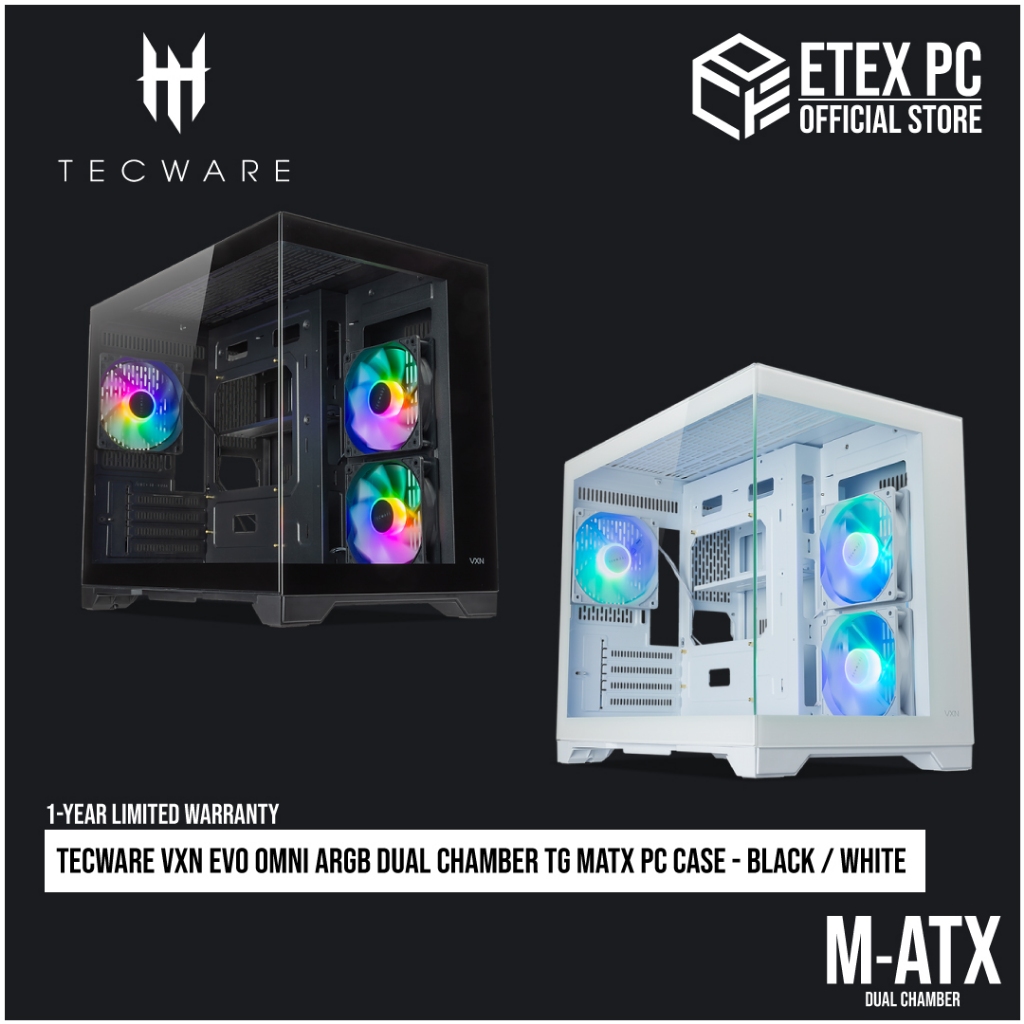 Tecware VXN EVO Omni ARGB Dual Chamber TG mATX PC Case - Black / White ...