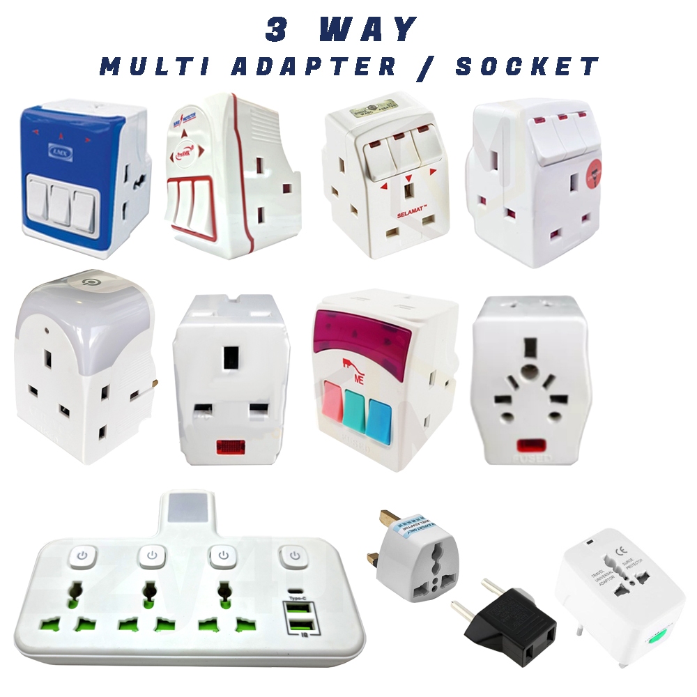 3 WAY ADAPTOR ADAPTER WITH SWITCH SWITCHES USB SOCKET PLUG CHARGER ...