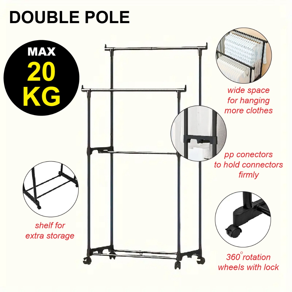 Adjustable Single Double Pole Clothes Rack Garment Hanging Rail Wheels ...
