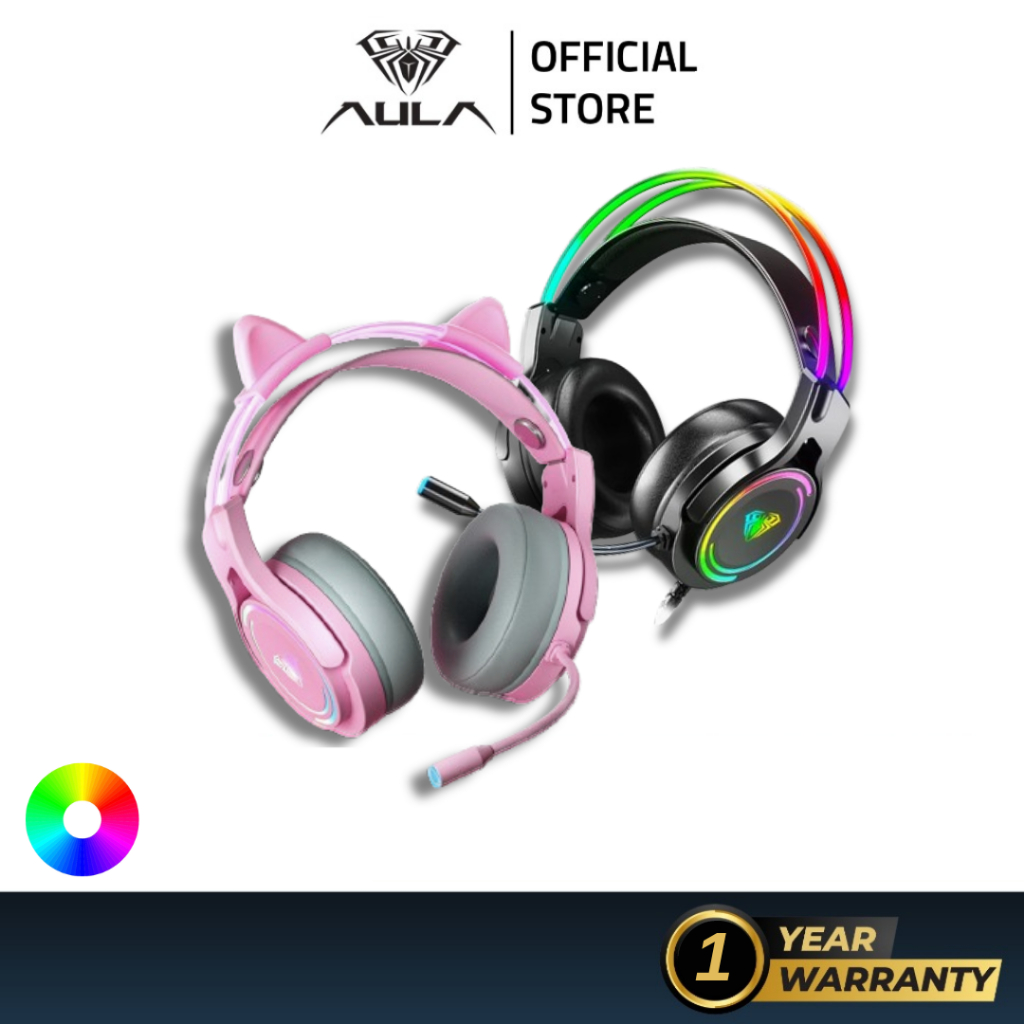 AULA S506 Wired RGB Gaming Headset, Stereo Sound, Closed Earmuffs Gaming with Adjustable Mic ...