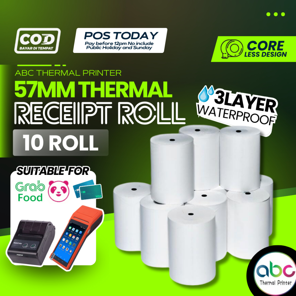 [ 10 Rolls 57X40MM ] Thermal Receipt Paper Coreless 57mm x 40mm Printer ...