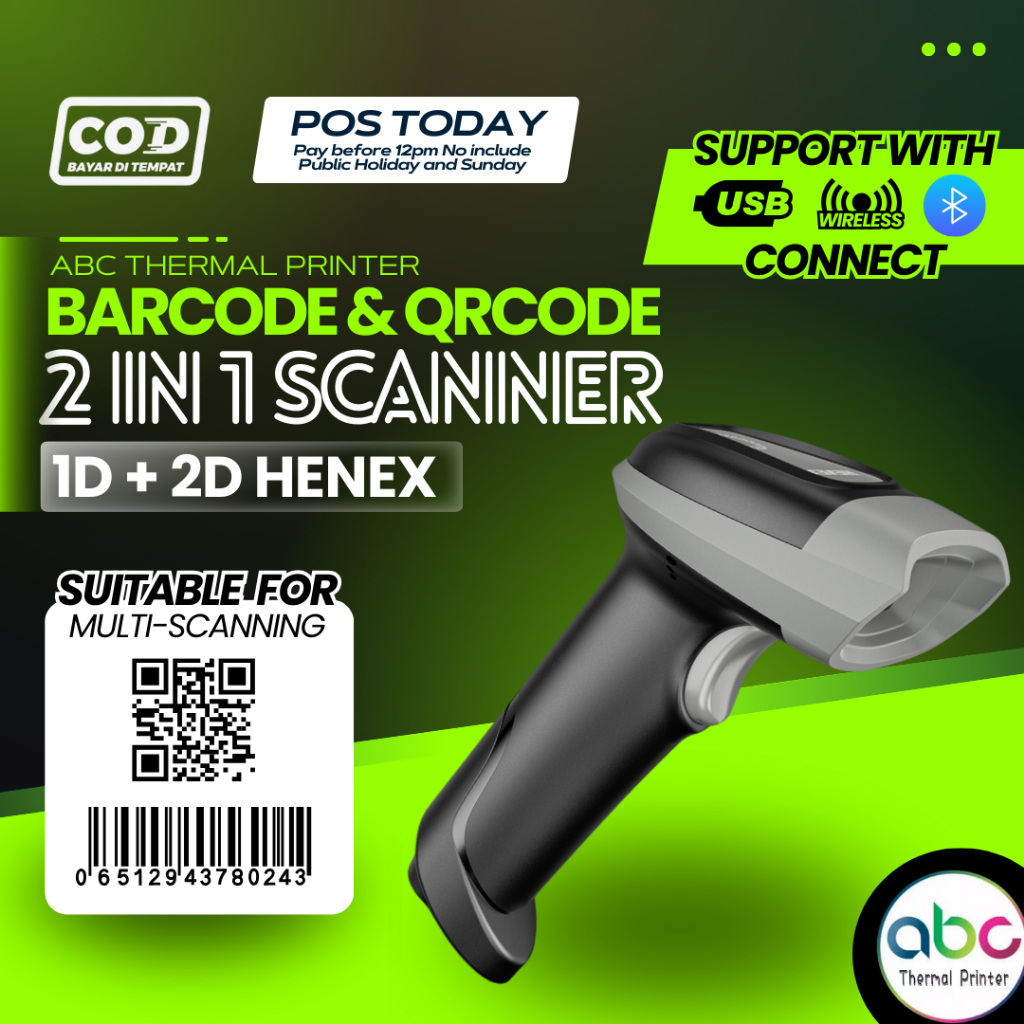 Henex 1D+2D Barcode Scanner QR Code Scanner 3 in 1 Bluetooth/Usb Wired ...