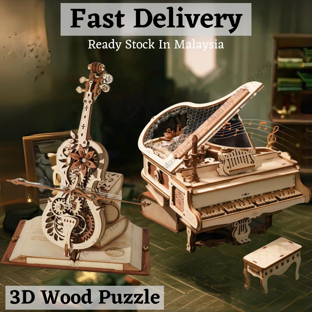 Robotime ROKR 3D DIY Wooden Magic Piano Cello Mechanical Music Box ...