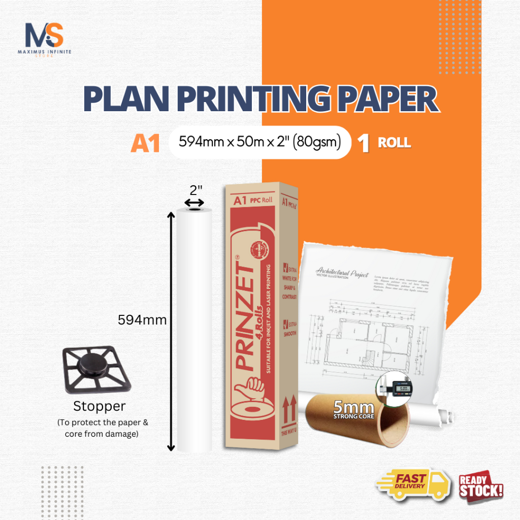 A1 594mm X 50M X 2" / PRINZET Plan Printing Paper (1 Roll/ Box) | Shopee Malaysia