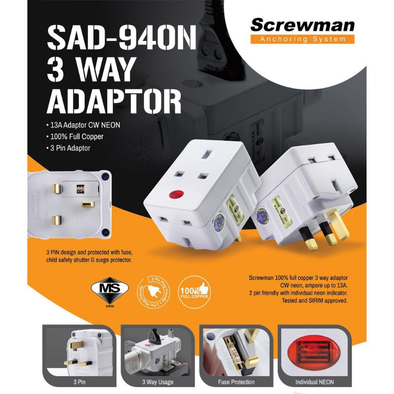 Screwman 3 Way Adaptor Full Copper with Sirim, Surge Protection & Neon ...