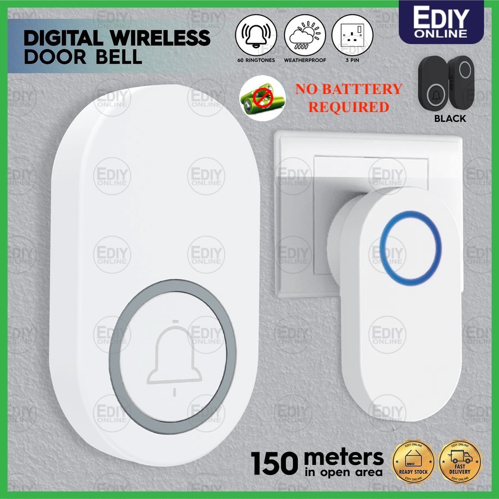 【NO NEED BATTERY】 WIRELESS DOORBELL DIGITAL WATERPROOF SELF-POWERED ...