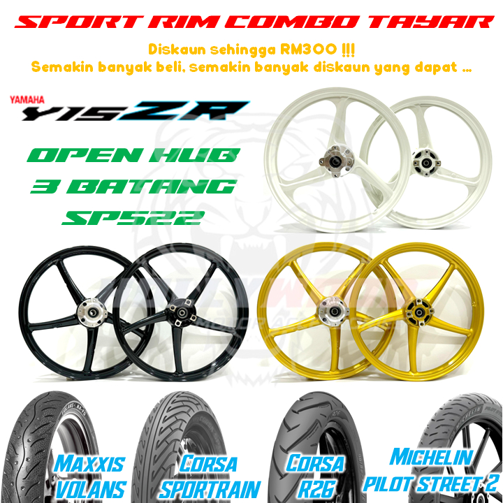 RIM SP CUSTOM Y15 Y16 SPORT RIM OPEN HUB SP522 6 BATANG 4 BATANG 3 BATANG / TAYAR CORSA MAXXIS ...
