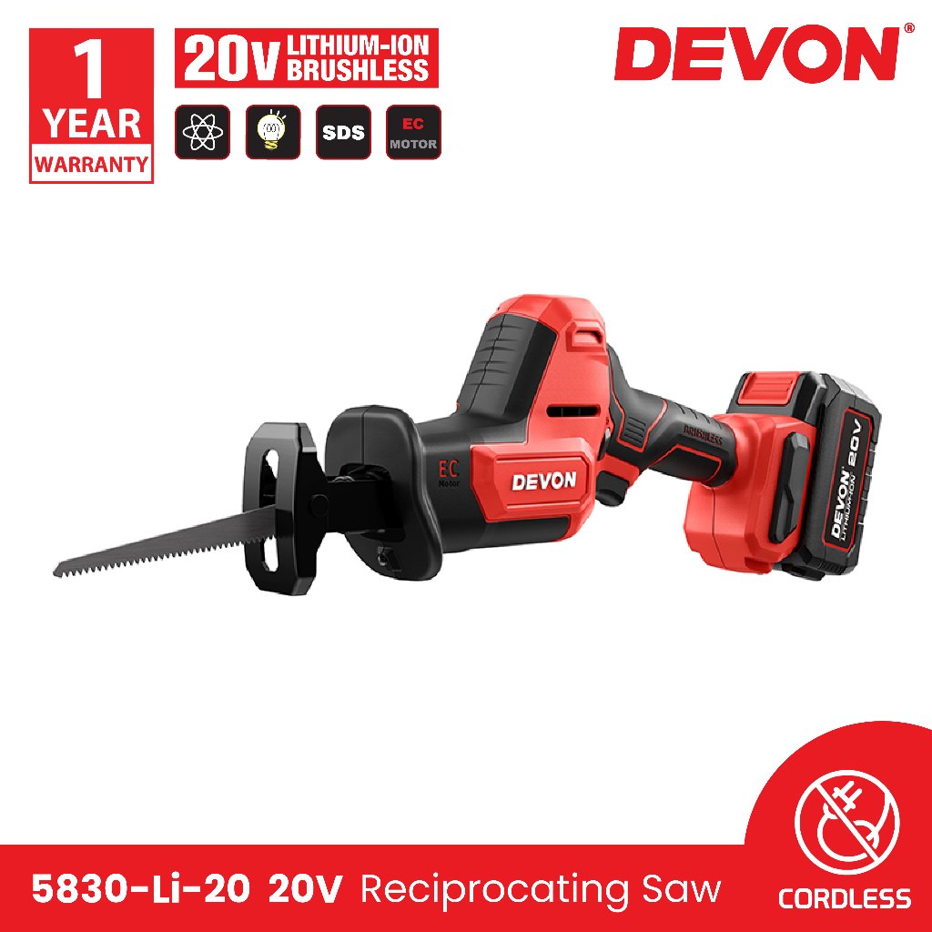 DEVON 5830-Li-20 20V Lithium-Ion Brushless Cordless Reciprocating Saw ...