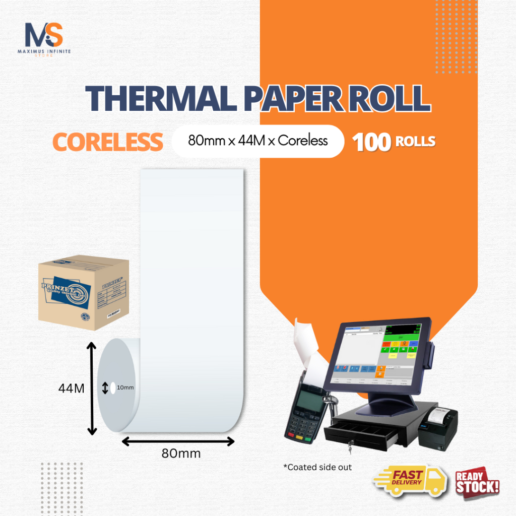 [CORELESS] 80mm x 44M - 100 Rolls / Prinzet Blue Blank Thermal Receipt ...