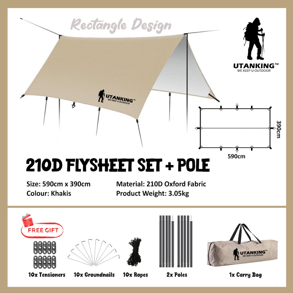 UtanKing™ Flysheet Set with Pole & Rope Camping Tarp Awning Canopy Tent ...