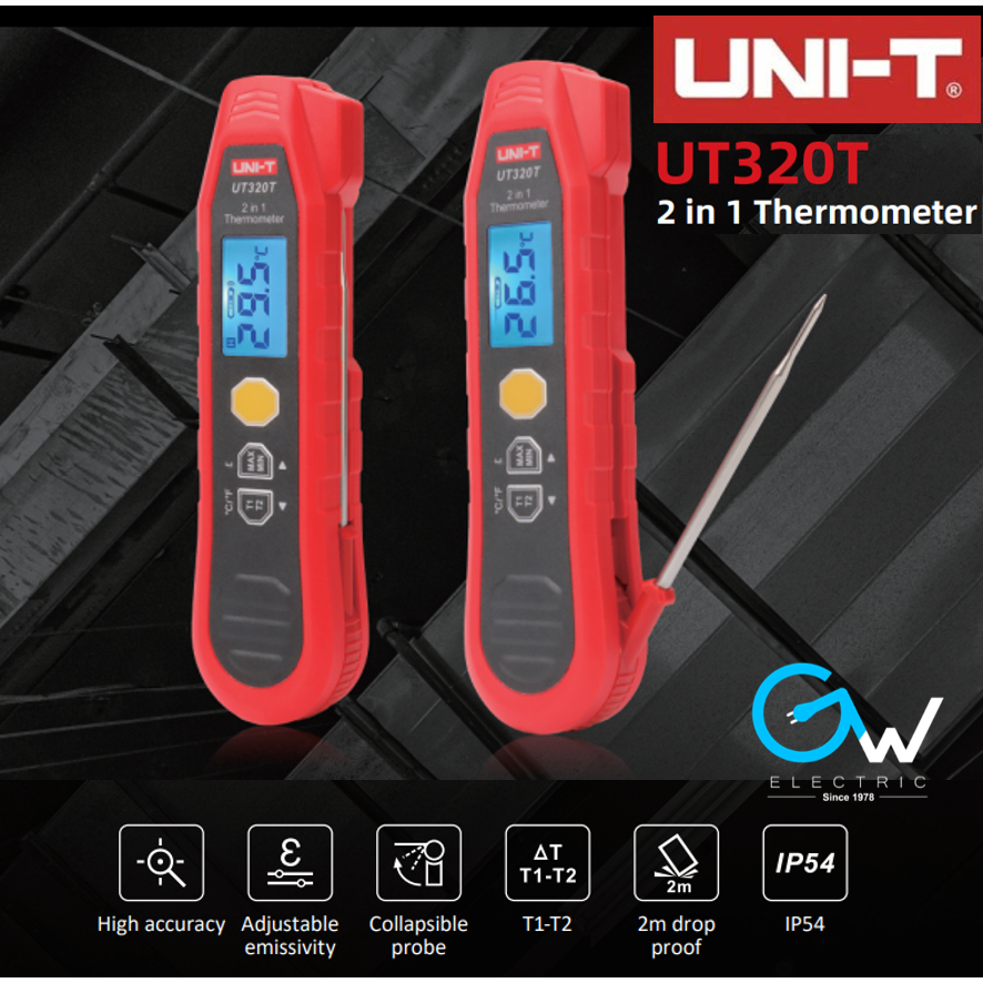 UNI-T UT320T 2-in-1 Industrial Infrared Thermometer -40℃~300℃ IP54 With ...