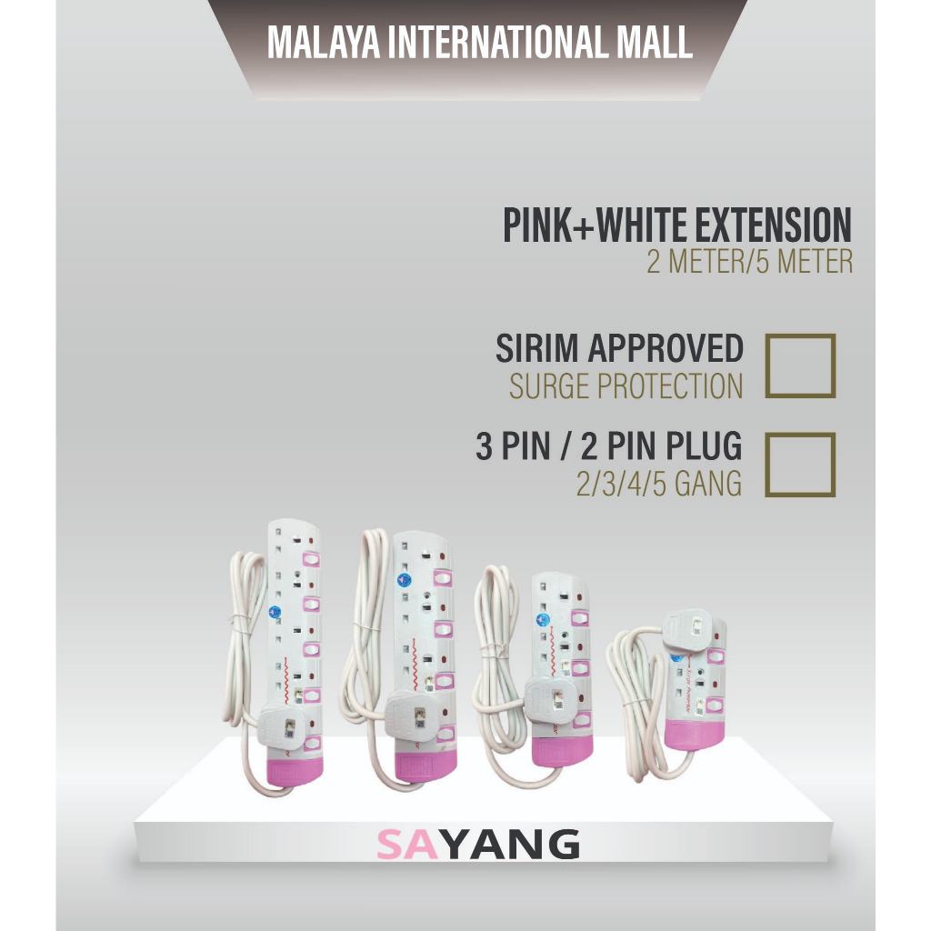 [sirim]sayang 2 3 4 5 Way Surge Protector Pink Cute White Portable Extension Socket Trailing