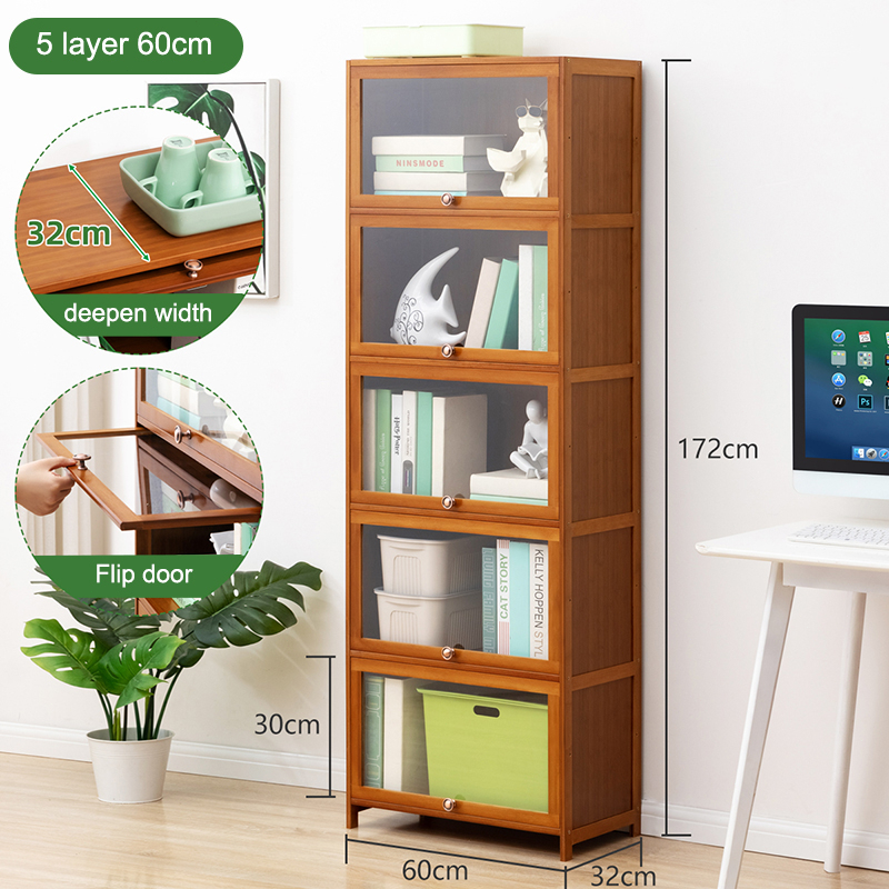 LULU Bamboo Book Shelf Rak Buku Bertutup With 2Drawer Storage Cabinet ...