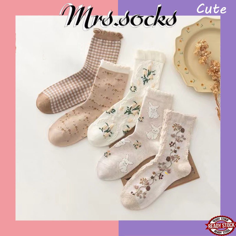 Mrs.socks Brown Flower Pattern Corak Ins Cute Sock Long Socks Women ...