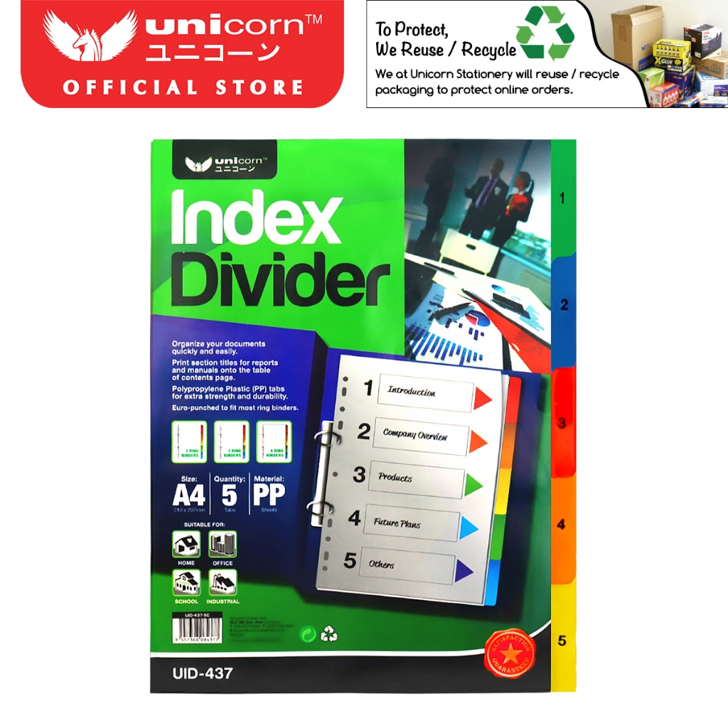 Unicorn A4 Size PP Index Divider Assorted Colour UID-437-5C | Shopee ...