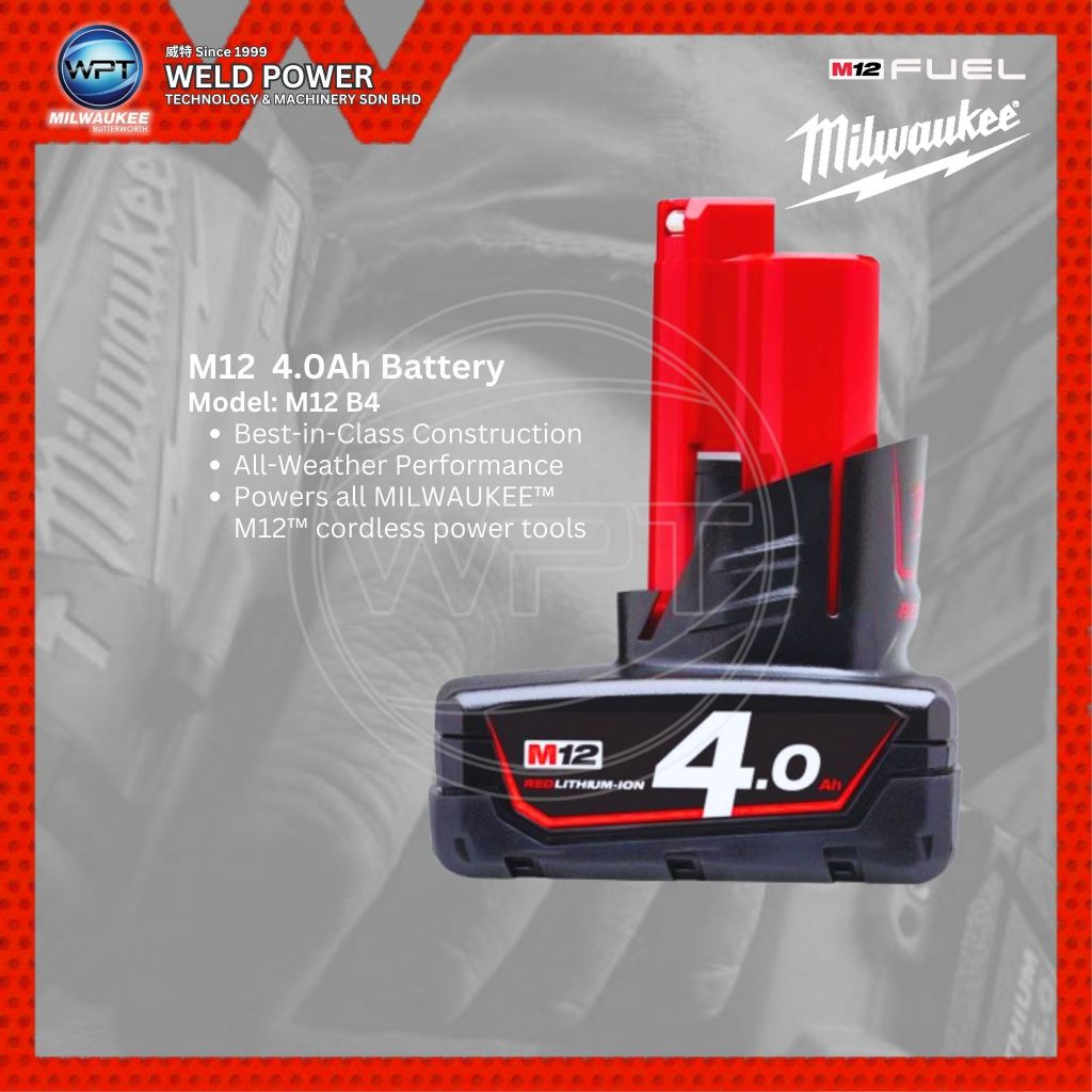 Milwaukee M12™ 4.0Ah Battery (Model: M12 B4) | Shopee Malaysia