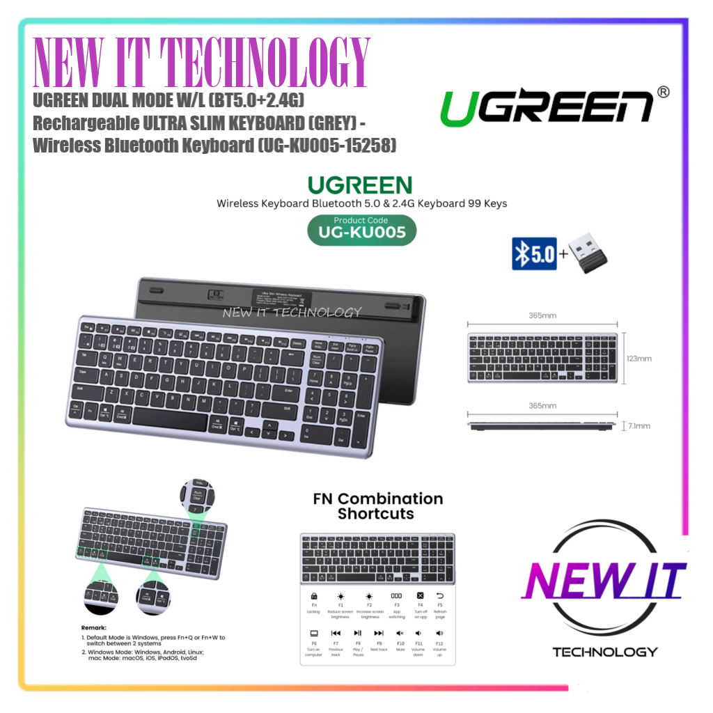 UGREEN DUAL MODE W/L (BT5.0+2.4G) Rechargeable ULTRA SLIM KEYBOARD (GREY) - Wireless Bluetooth ...