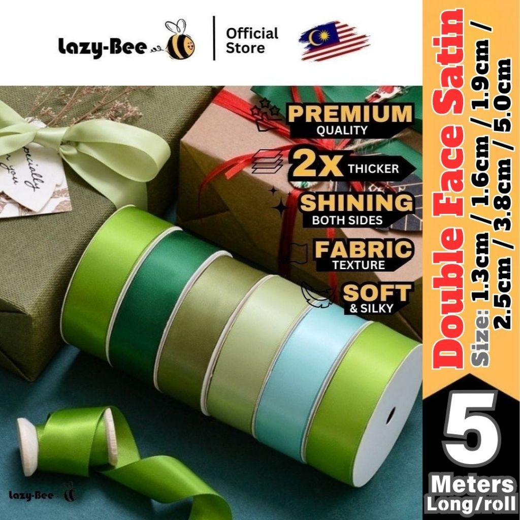 GREEN HIJAU 5 Meter 2.5cm 3.8cm 5cm Premium Double Faced Satin Ribbon ...