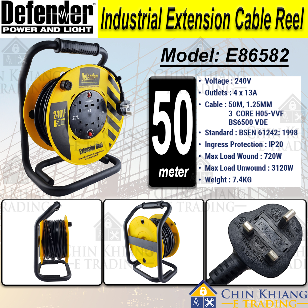 Defender 50M 4-Way Industrial Extension Wire Cable Reel 240V 13A E86582 ...
